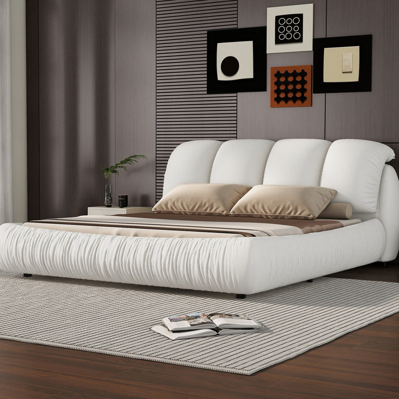 Orren Ellis Queen Upholstered Bed With Headboard Velvet Bed with Oversized Padded Backrest in White Wayfair